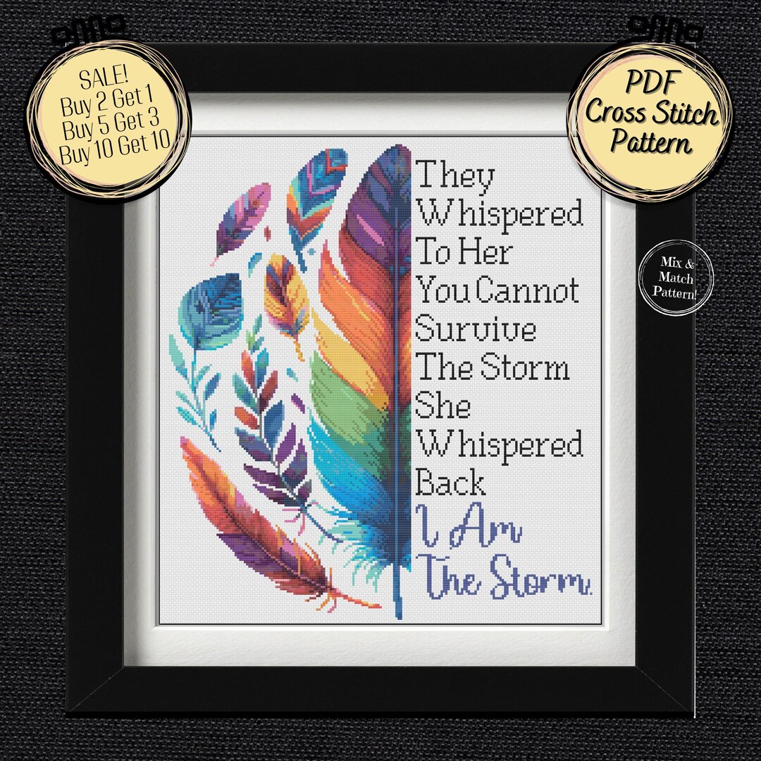 I Am the Storm Cross Stitch Pattern - Boho Rainbow Feathers - Mix and ...