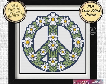 Pastel Flower Peace Sign Cross Stitch Pattern, Retro, Counted, Cross ...