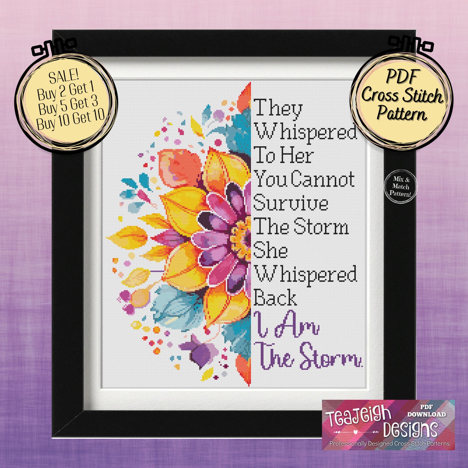 I Am the Storm Cross Stitch Pattern - Bright Floral Mandala - Mix and ...