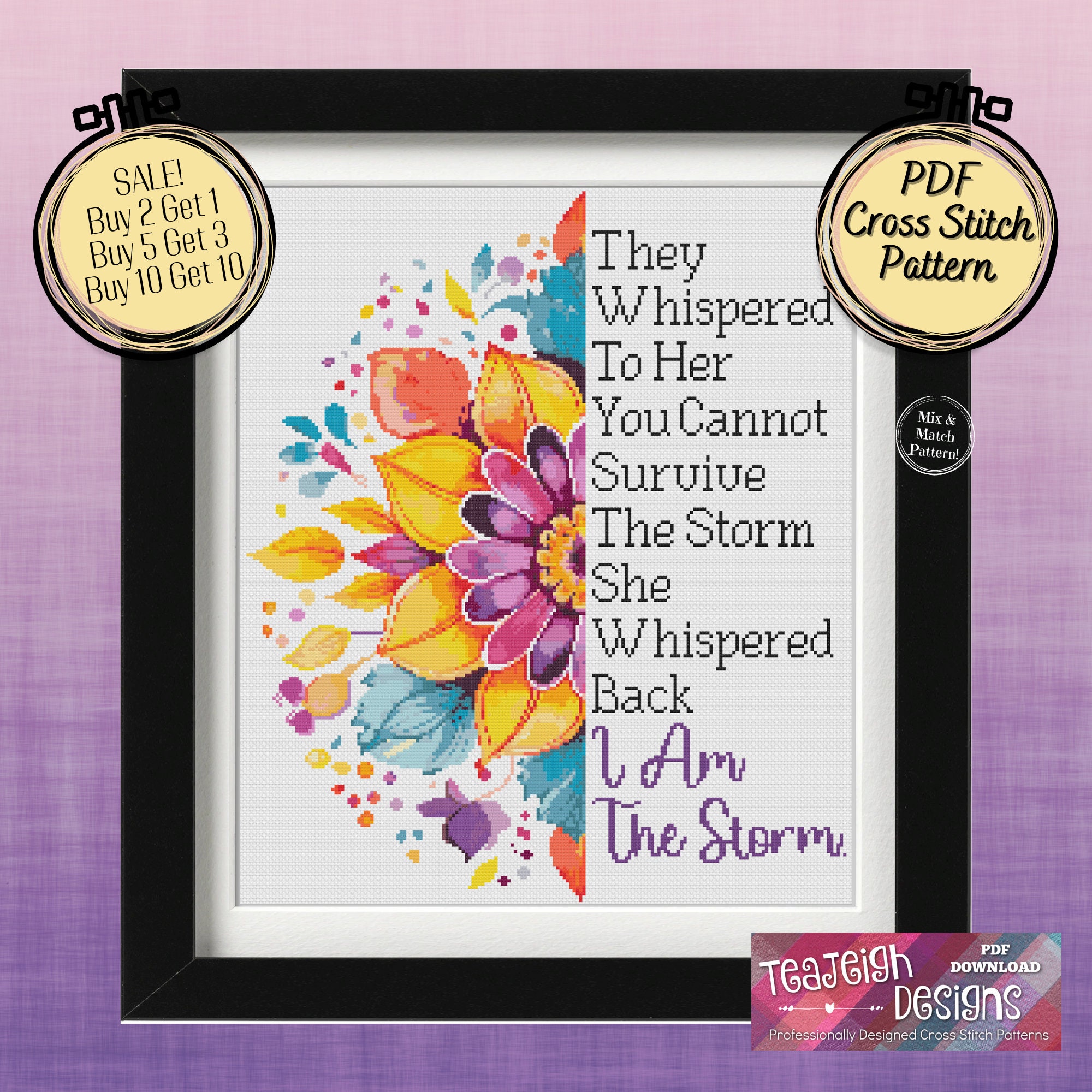 I Am the Storm Cross Stitch Pattern - Bright Floral Mandala - Mix and ...
