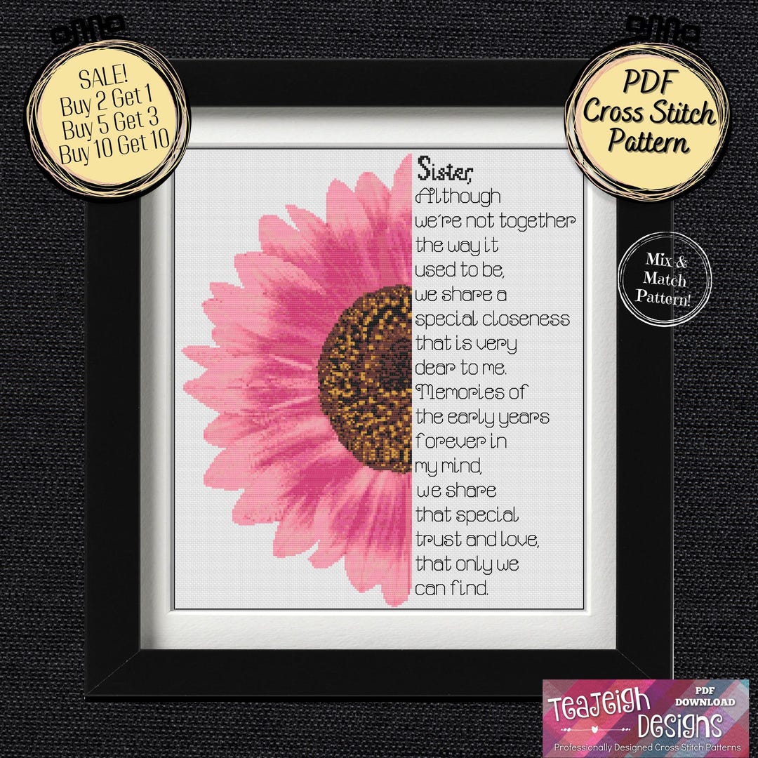 Poem About Sisters Cross Stitch Pattern - Beautiful Pink Sunflower- Mix ...