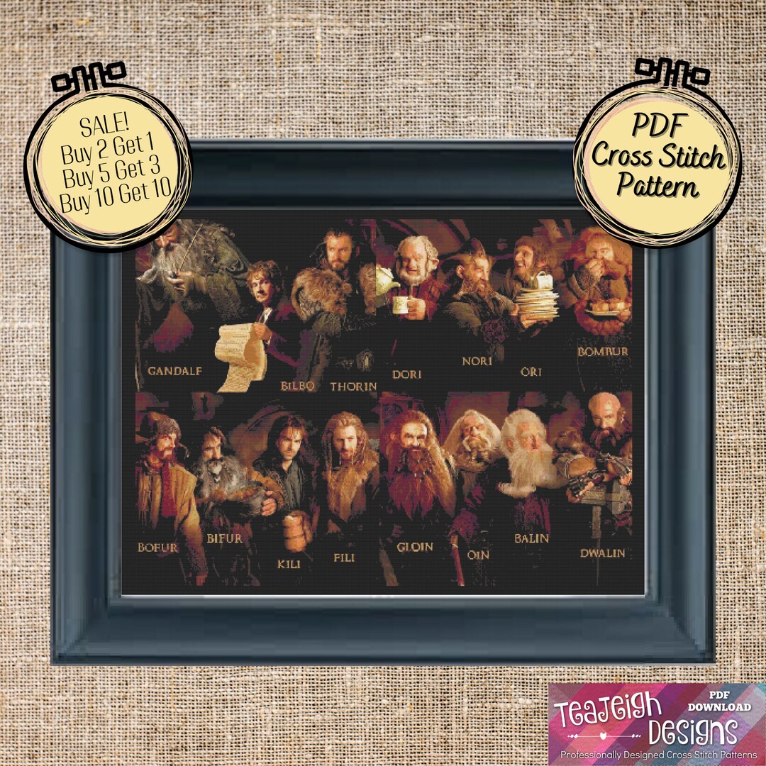 The Dwarves of the Hobbit With Bilbo and Gandalf Tolkien Cross Stitch ...