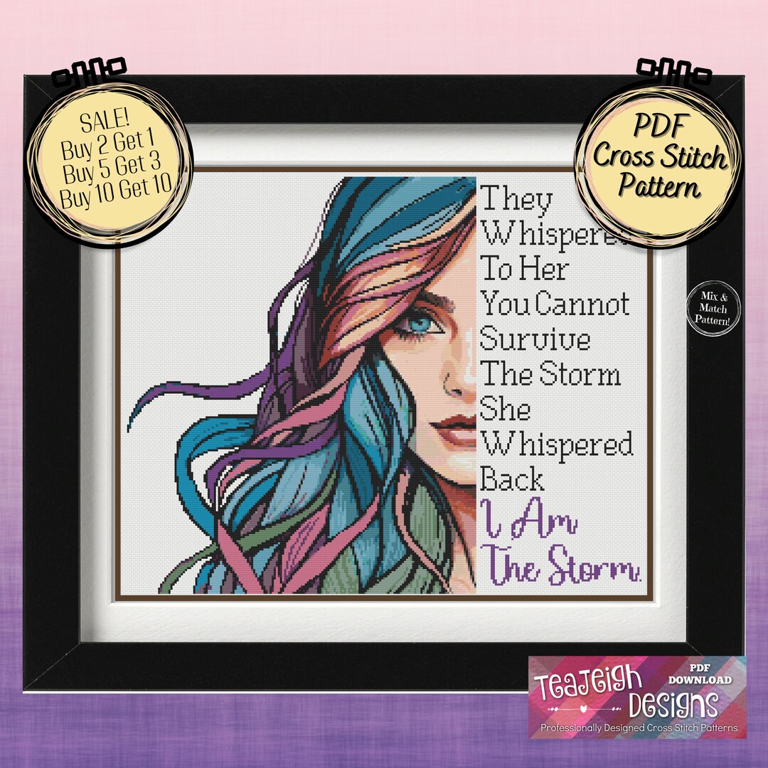 I Am the Storm Cross Stitch Pattern - Rainbow Ombre Haired Woman - Mix ...