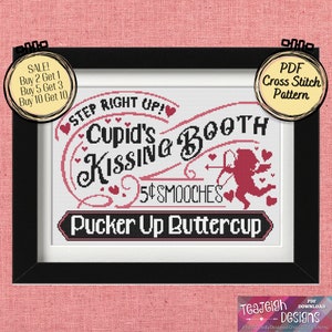 Cupid's Kissing Booth Valentine Cross Stitch Pattern Sign Pucker up ...