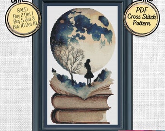 Girl Sitting on Book Stack Cross Stitch Patter Book - Etsy