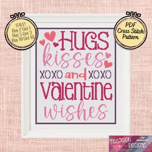 Hugs Kisses and Valentine Wishes Cross Stitch Pattern Sign - Printable ...