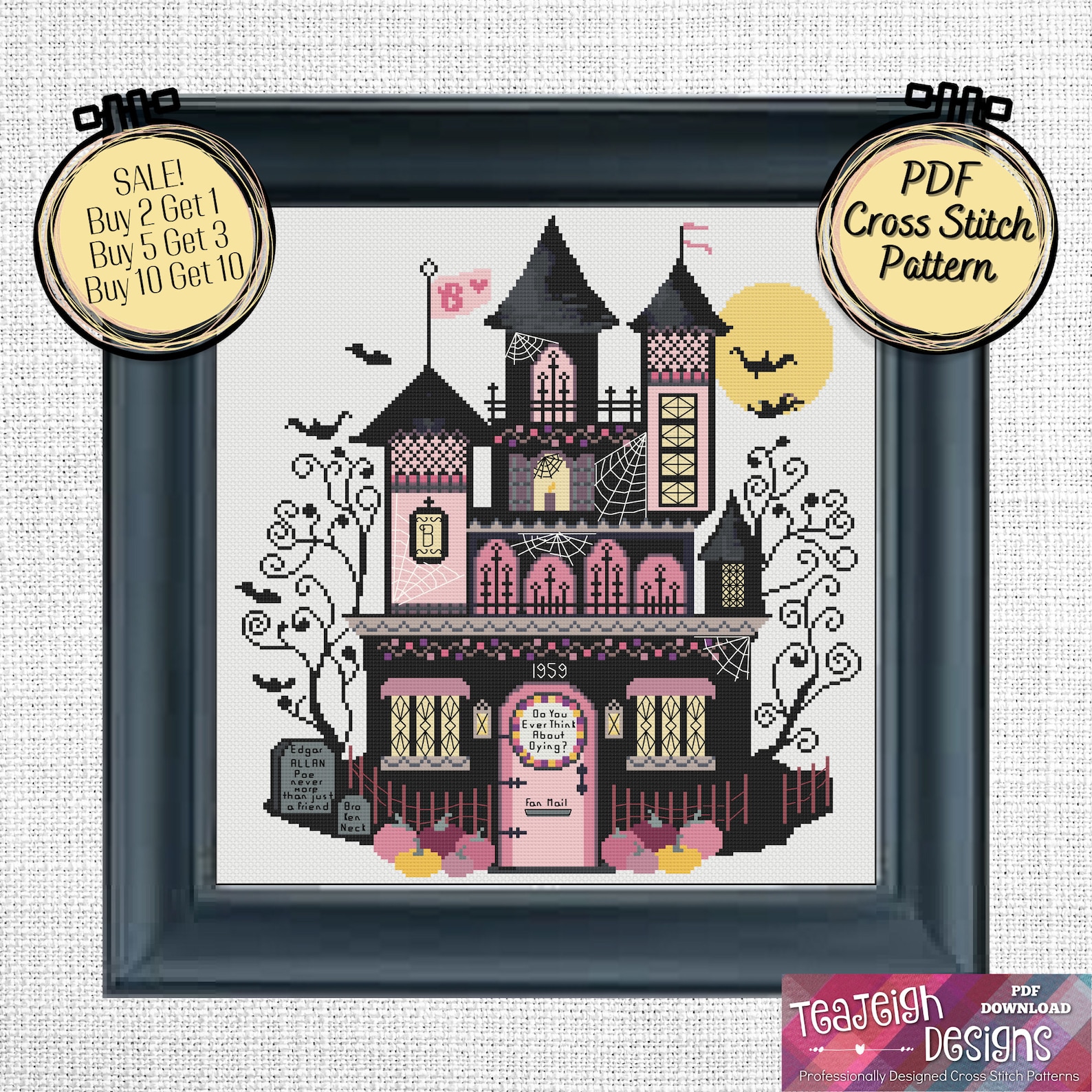 Pink Dreamhouse Haunted Mansion Style Cross Stitch Pattern - Hallowe'en ...