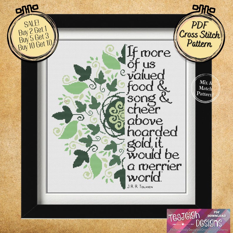 Tolkien Quote Cross Stitch Pattern - If More of Us Valued Food and Song ...