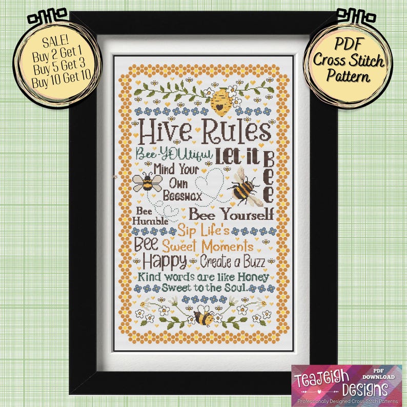 Hive Rules Cross Stitch Pattern - Bee Yourself - Bee Youtiful - Mind ...