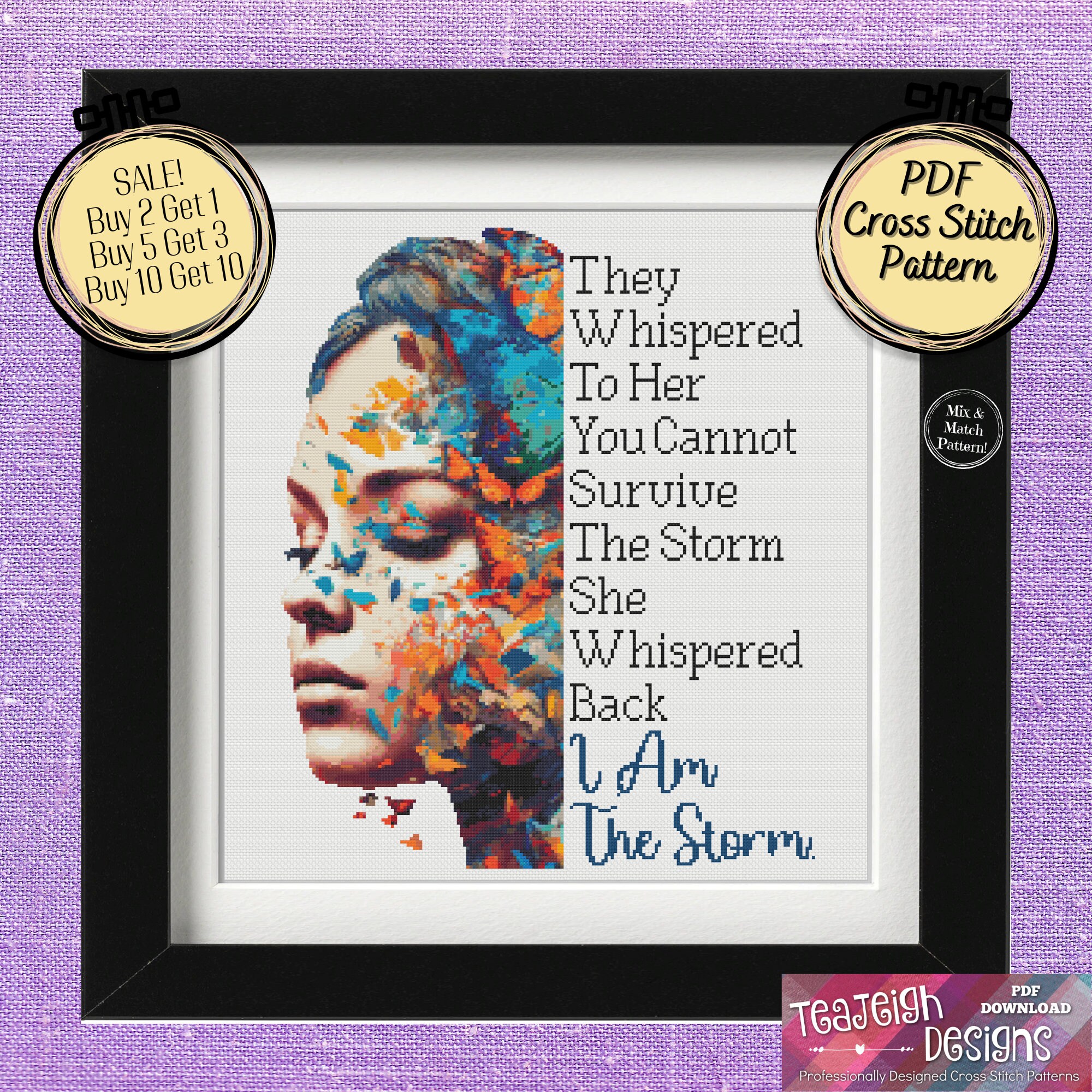 I Am the Storm Cross Stitch Pattern - Woman With BUTTERFLY FACE ...