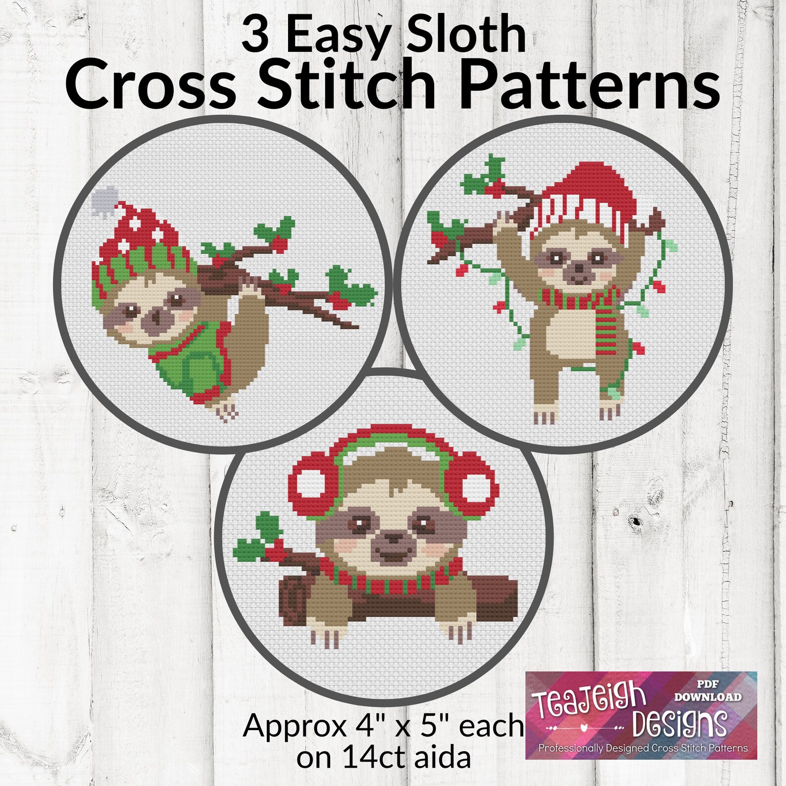 3 Christmas Sloth Cross Stitch Patterns Printable and - Etsy
