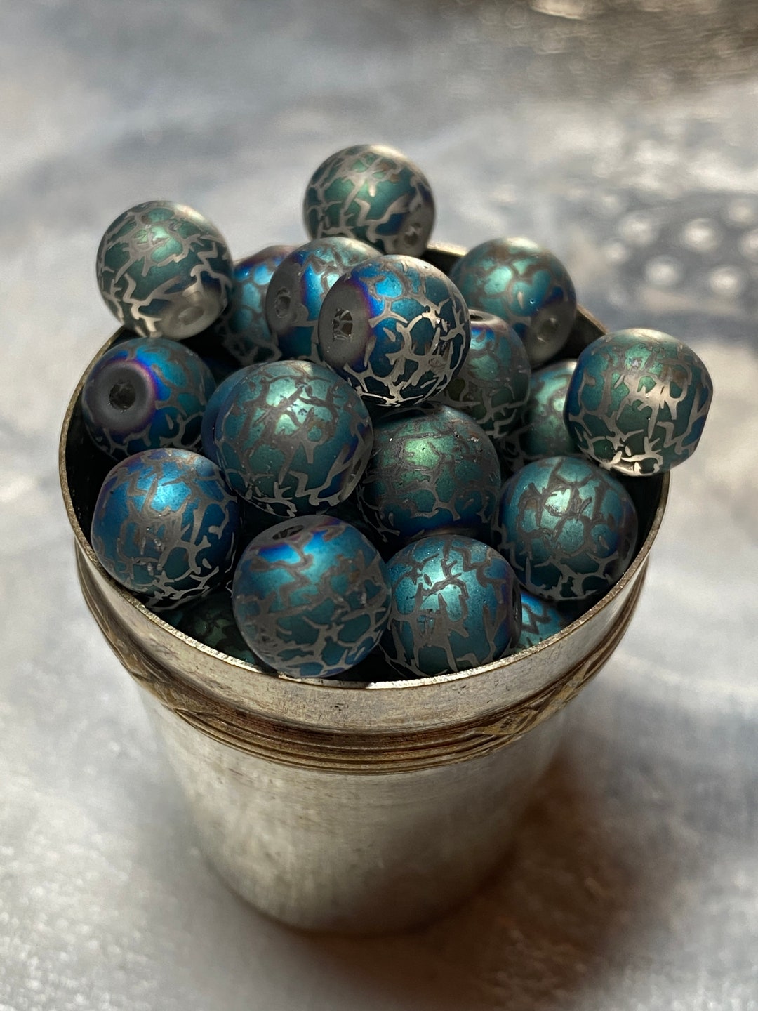 Oil Slick, Sandblasted and Crackled Glass Beads ~ 7mm~ 10 of Them, 2 ...