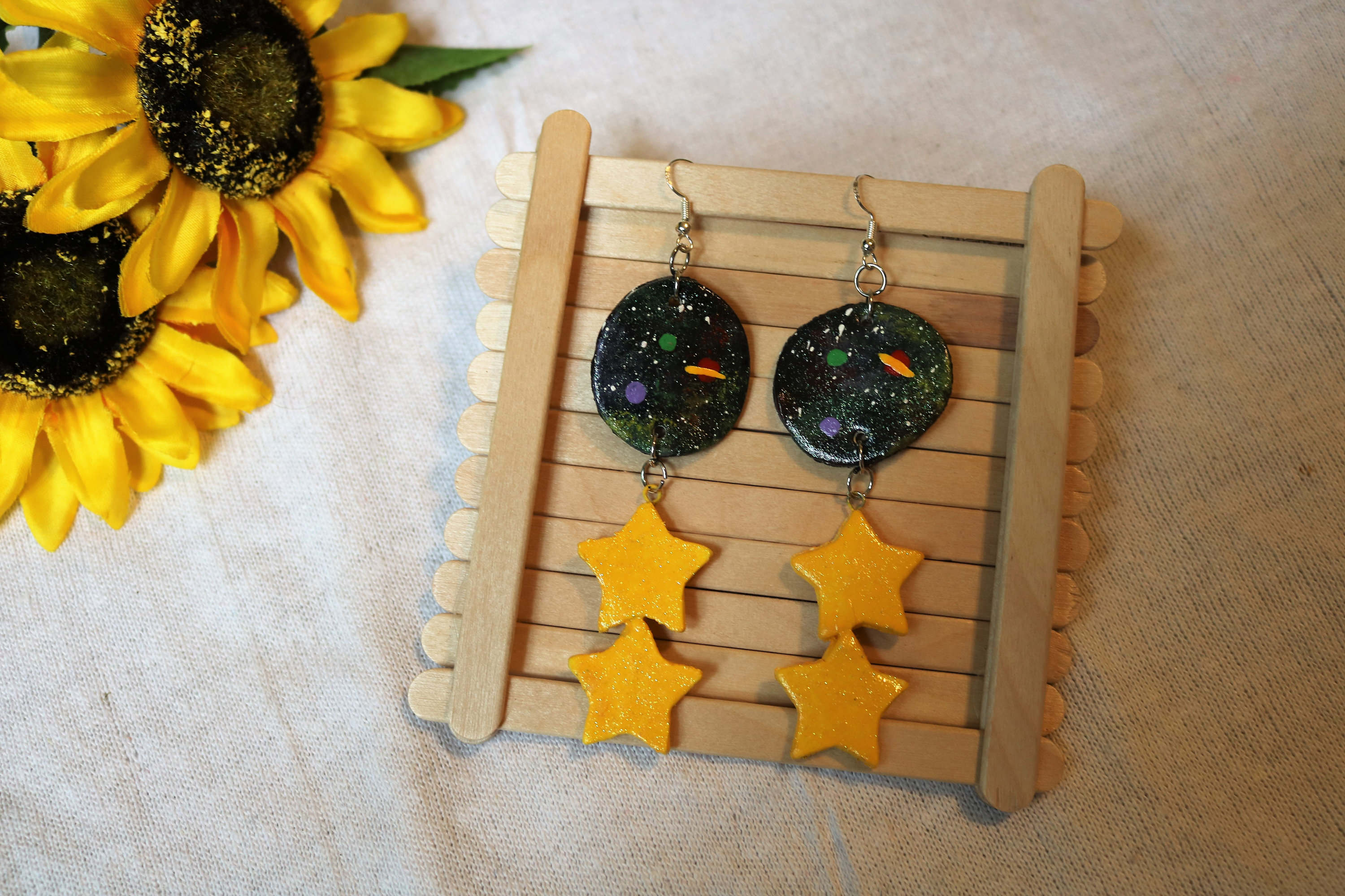 Galaxy & star themed space handmade clay dangle earrings hook | Etsy