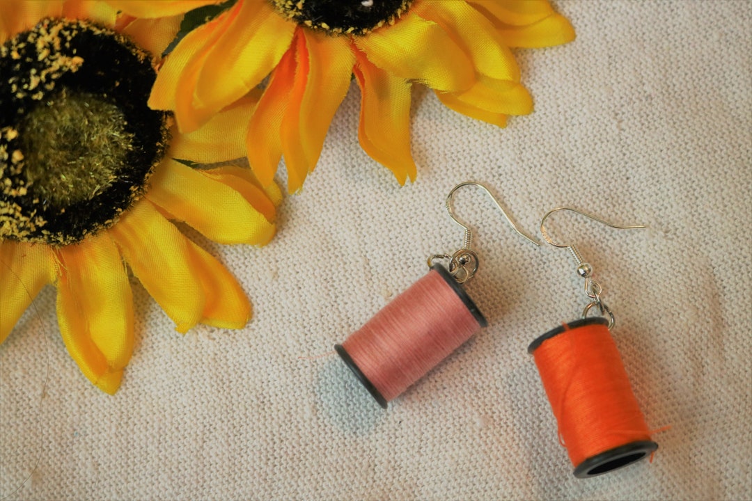 Mini Spool of Thread From Hotel Sewing Kit Earrings random Colors hook ...