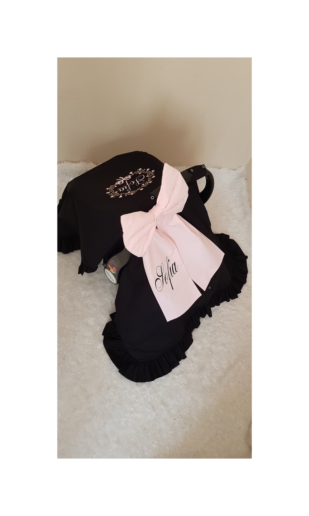 Black and Light Baby Pink Baby Carseat Cover Girl With Ruffle , Custom ...
