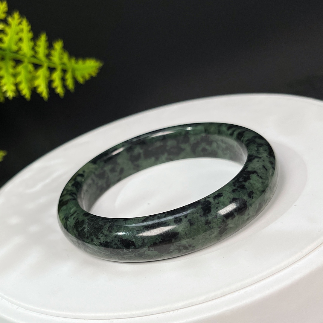Unique Dark Green Jade Bangle 55+MM Green Black Round Bar Jasper Jade ...
