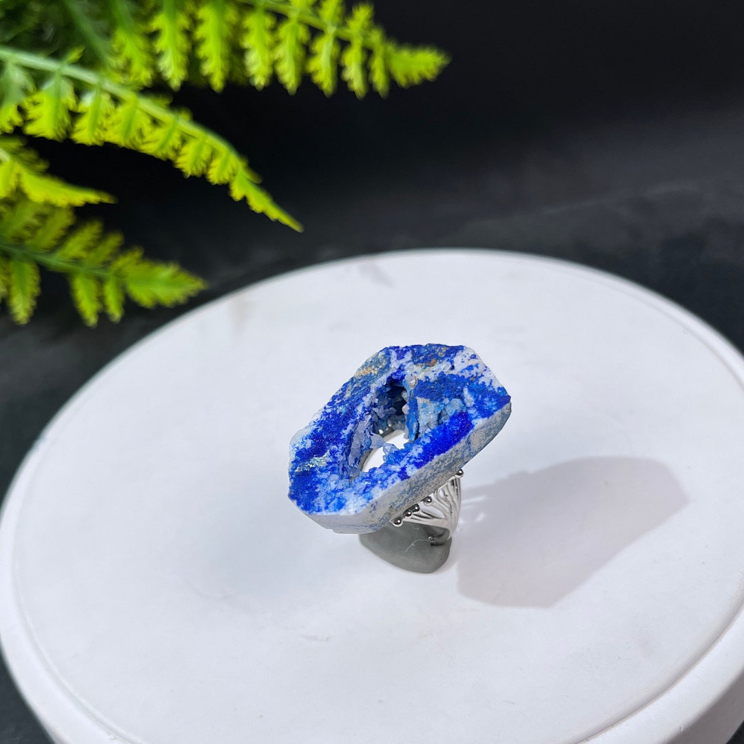 Unique Raw Freeform Azurite Geode Adjustable Ring Crystal Clusters ...