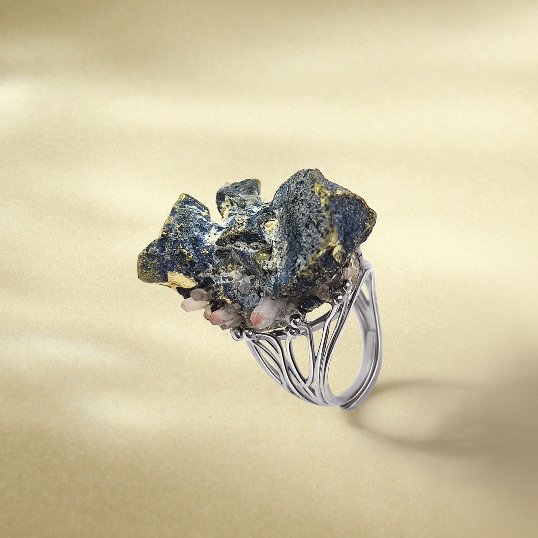Unique Raw Red Crystal Chalcopyrite Symbiosis Adjustable Ring Uncut ...