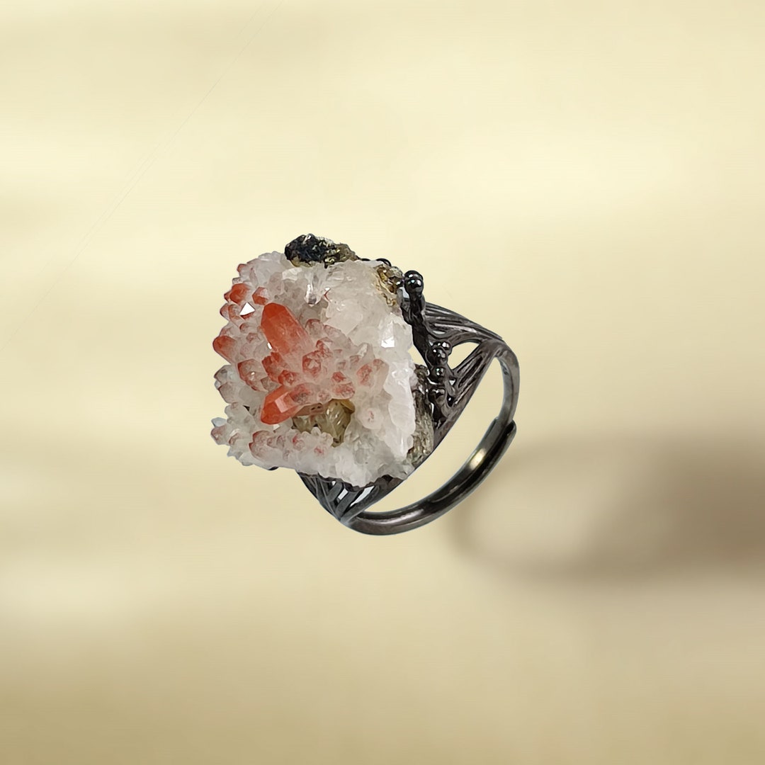 Unique Raw Red Crystal Symbiosis Pyrite Freeform Adjustable Ring ...