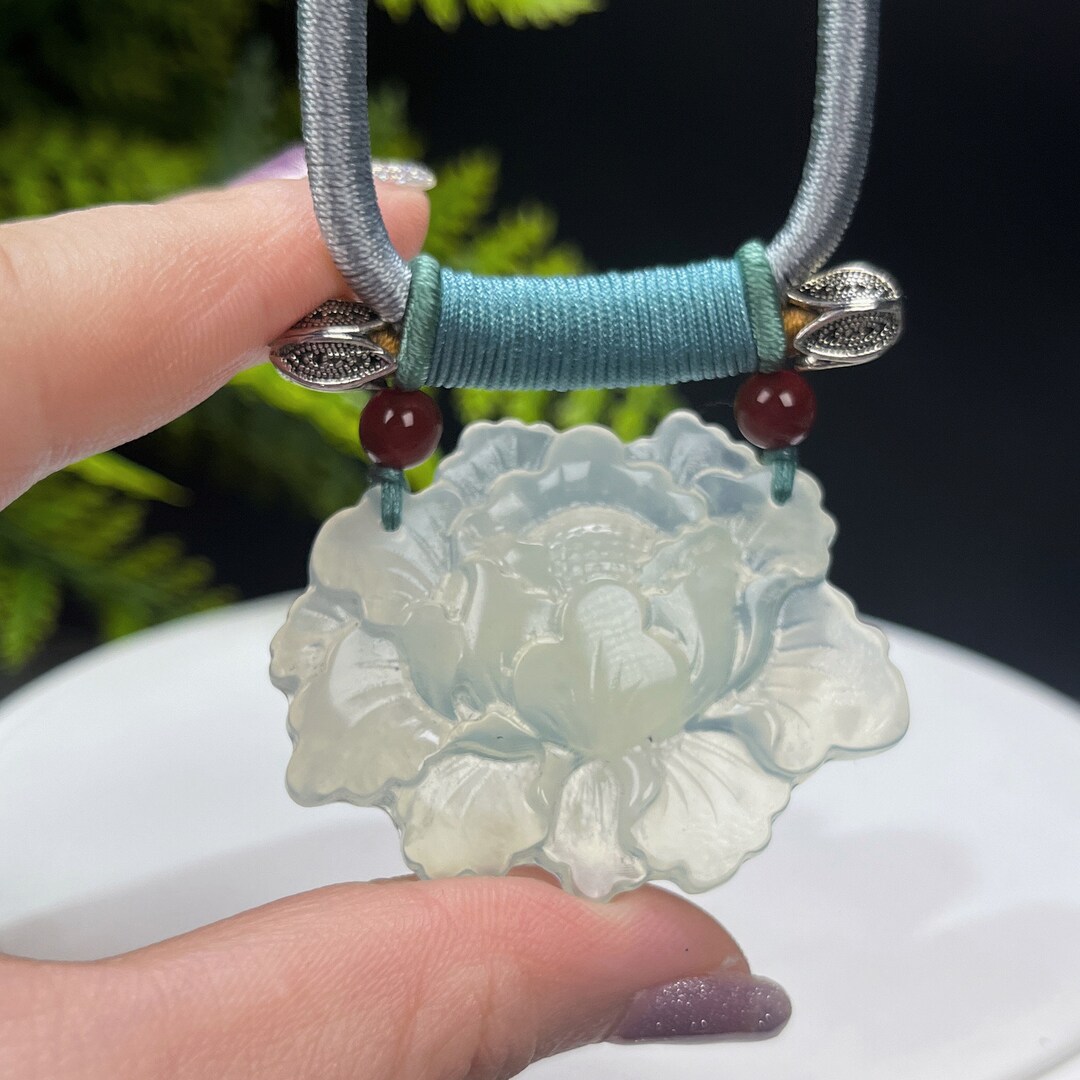 Unique Xiuyan Jade Peony Pendant Icy Mildness Light Yellow Green Carved ...