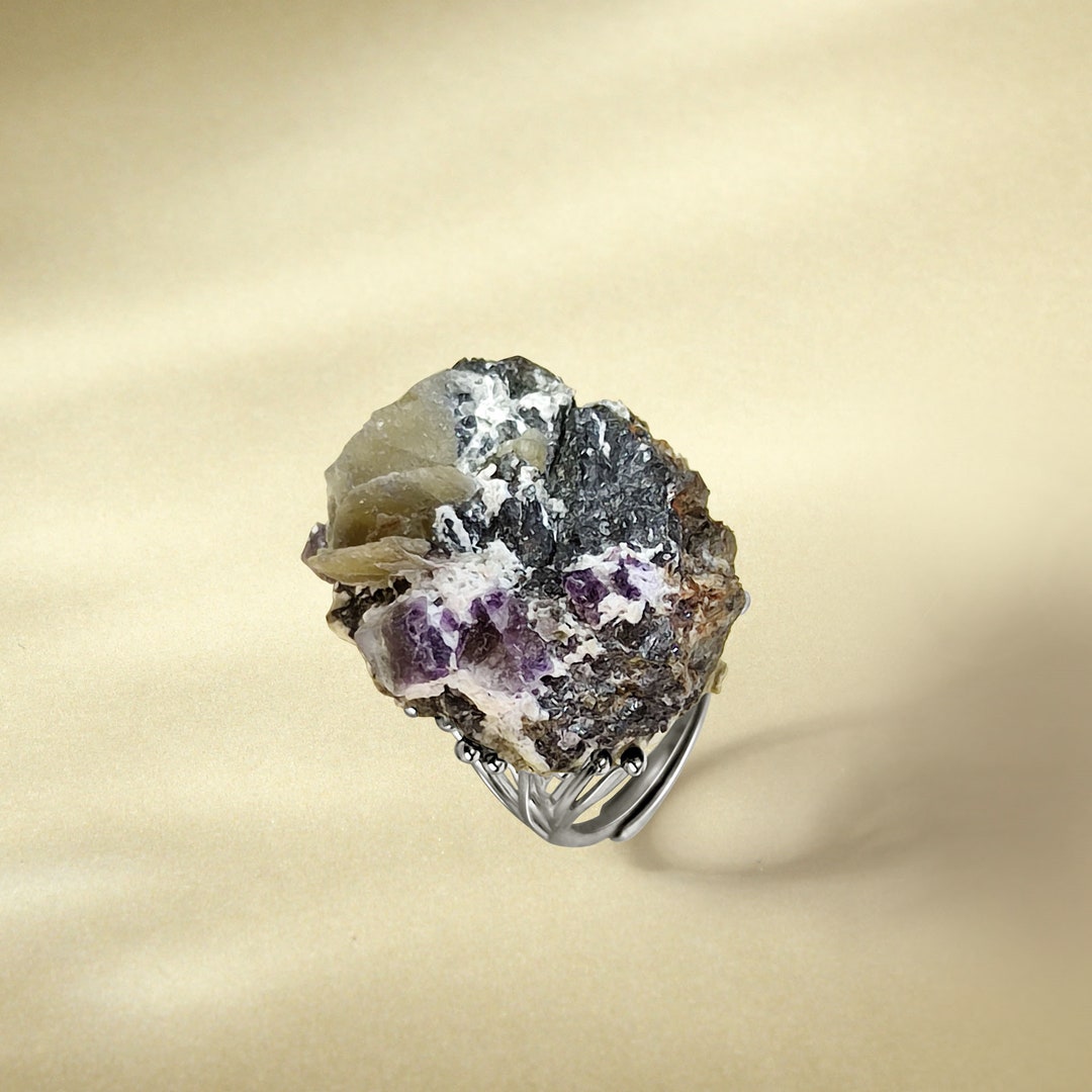Unique Raw Black Crystal Adjustable Ring Freeform Symbiosis Amethyst ...