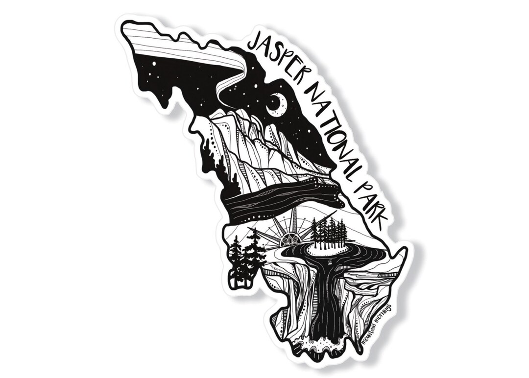 Jasper National Park, Canada National Parks, Illustrated Sticker, Black ...