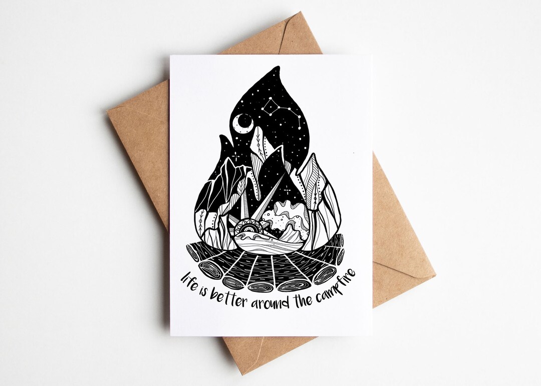 Campfire Greeting Card: Black and White Nature Design, Blank Inside - Etsy