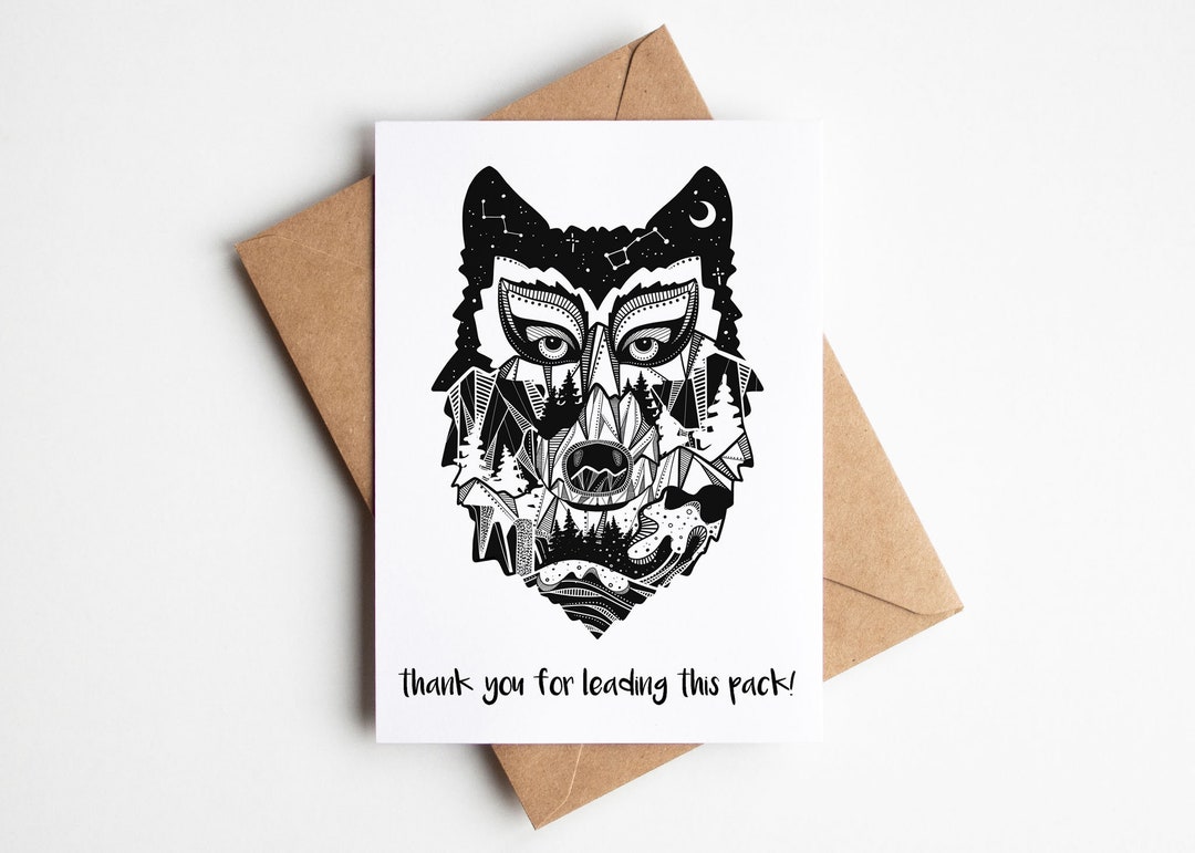 Wolf, Thank You Greeting Card, Illustrated Card, Black and White Card ...