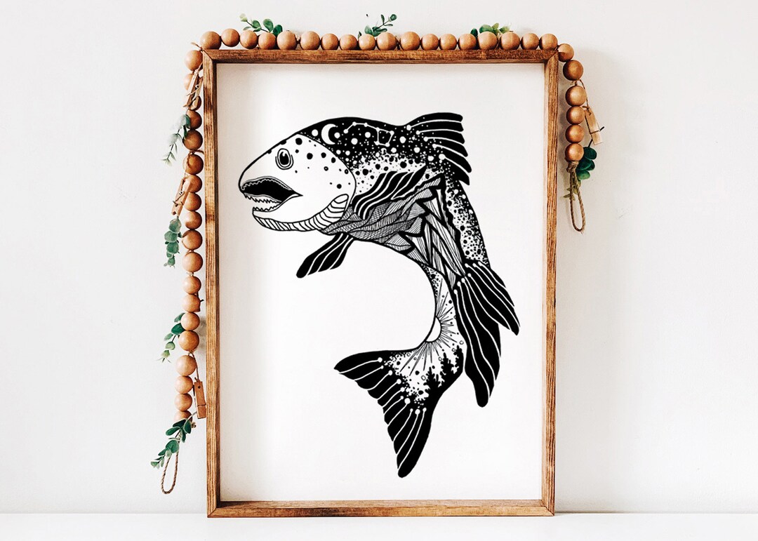 Salmon Print, Illustrated Print, Black and White Wall Art, Print for ...