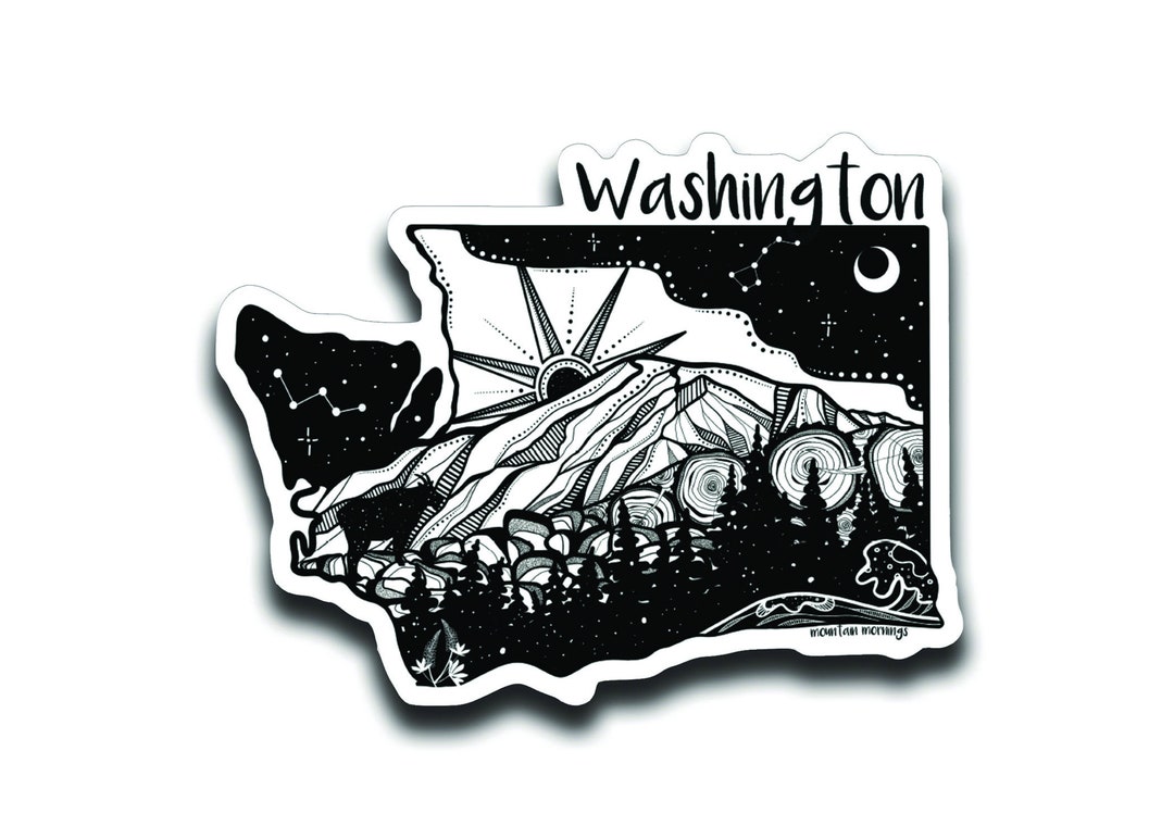 Washington Sticker, USA States, Black and White Sticker, Illustrated ...