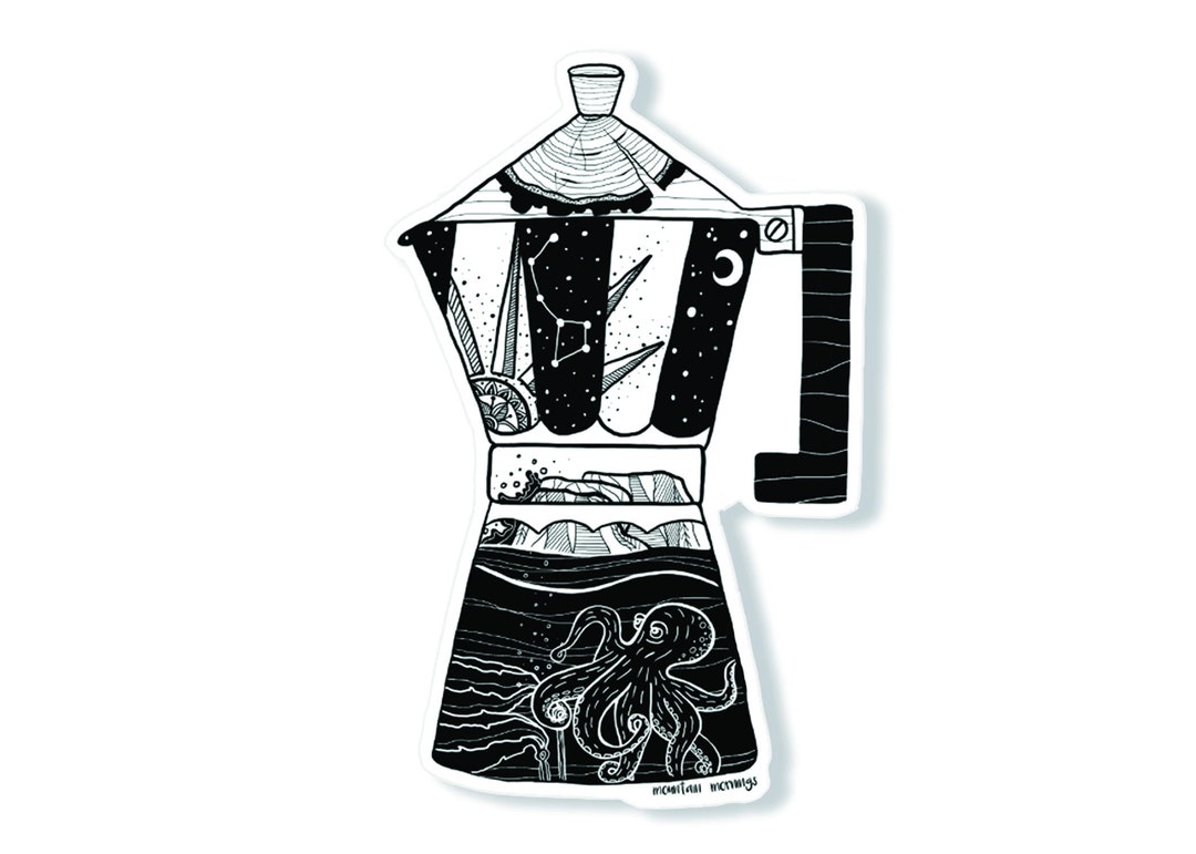 Moka Pot, Coffee Sticker, Black and White Sticker, Illustrated Sticker ...