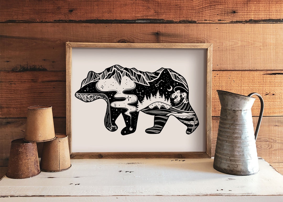 Roaming Bear Print, Illustrated Print, Black and White Wall Art, Print ...