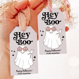 Editable Retro Halloween Favor Tags Hey Boo Gift Tags Costume Party ...