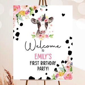 Editable Cow Birthday Welcome Sign Barnyard Birthday Welcome Sign Pink ...