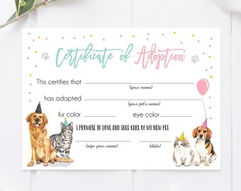 Pet Adoption Certificate Puppy Kitten Adoption Dogs and Cats Birthday ...