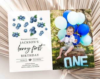 Editable Blueberry Birthday Invitation First Birthday Berry Sweet Boy ...