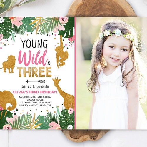Editable Young Wild and Three Birthday Invitation Girl - Etsy