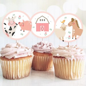 Pink Farm Birthday Cupcake Toppers Favor Tags Barnyard Birthday Party ...