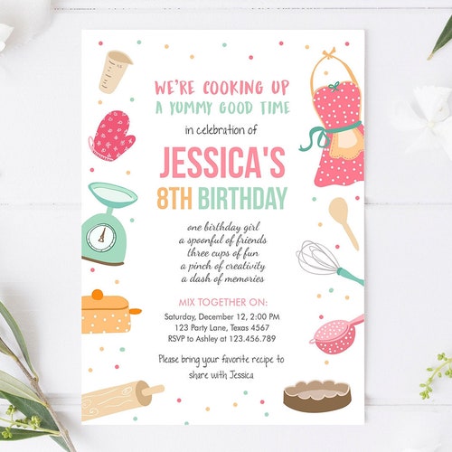 Baking Party Invitation Girl kids Cooking Birthday Invite - Etsy