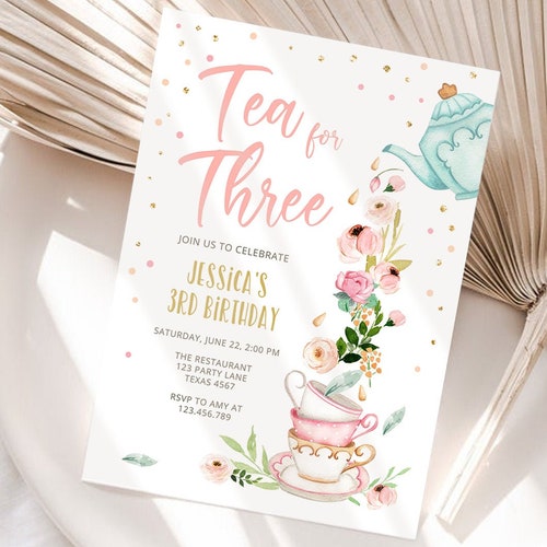 Editable Tea for Three Birthday Invitation Girl Tea Party - Etsy