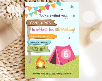 Editable Girl Camp Party Invitation Bundle Camp Out Birthday Bundle Outdoor Camping Girl Pink ...