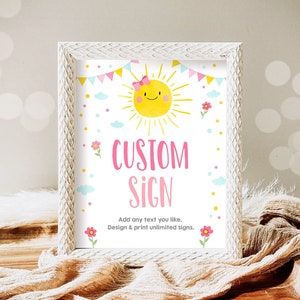 Editable Custom Little Sunshine Sign Pink Girl Birthday Party Summer ...