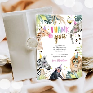 Editable Thank You Card Safari Animals Wild One Two Wild Thank You Note ...