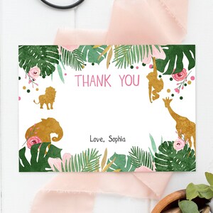 Editable Safari Animals Thank You Card Wild One Thank You Note Pink ...