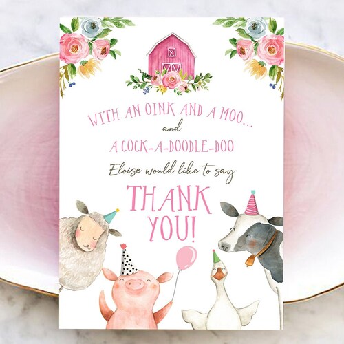 Editable Farm Animals Thank You Card Red Gingham Farm Birthday - Etsy
