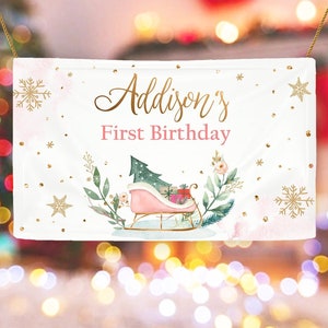Editable Winter Birthday Backdrop Banner Pink Gold Winter Onederland ...