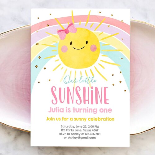 Editable Sunshine and Rainbow Birthday Invitation Pastel - Etsy