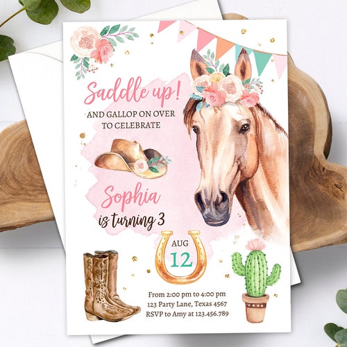 Editable Horse Birthday Invitation Girl Saddle up Watercolor | Etsy