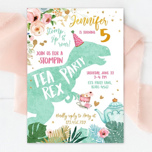 Tea-rex Tea Party Birthday Invite Dinosaur Party Invitation - Etsy