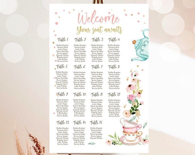 Tea Party Seating Cards, Bridal Shower Seating, Teapot Seating Cards ...